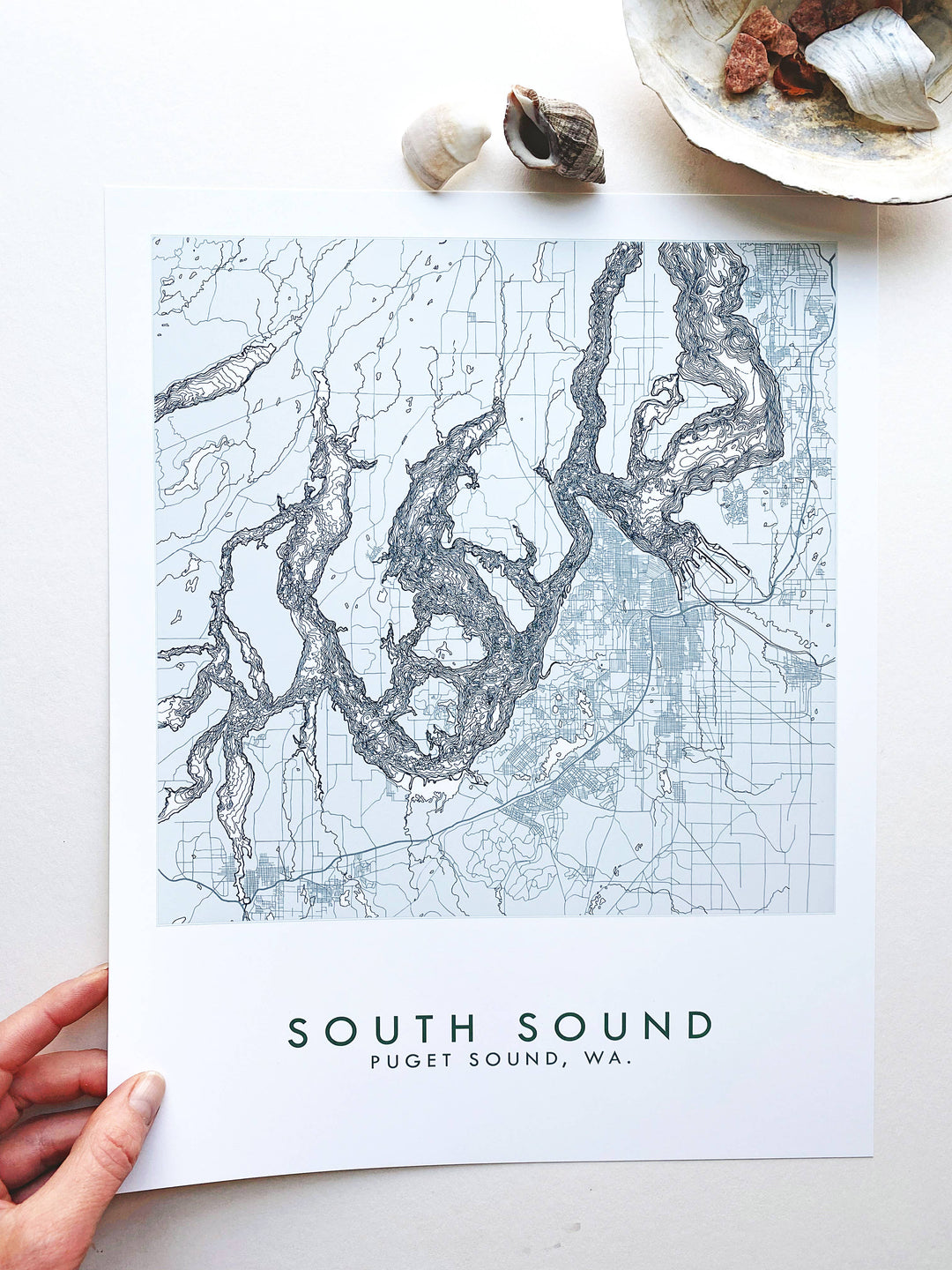 South Puget Sound Washington Hand Drawn Topo Map Art Print – Paper Luxe